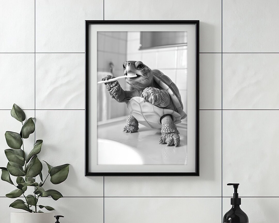 Funny Turtle Brushing Teeth Print: Retro Bathroom Art (digital Download ...