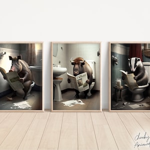 Animals Sitting on the Toilet Reading a Newspaper, Bundle of 3, Funny ...