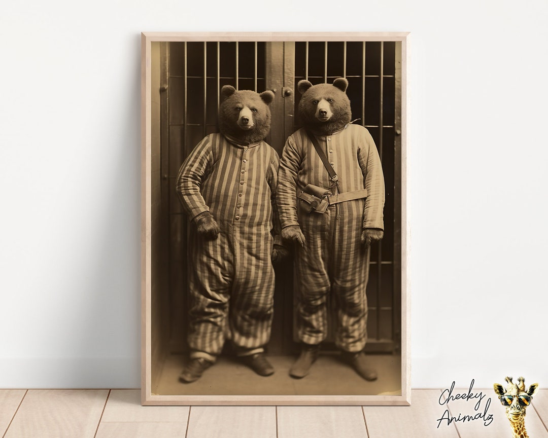 Funny Bears in Prison Print: Vintage Animal Photo, Retro Wall Art (AI ...