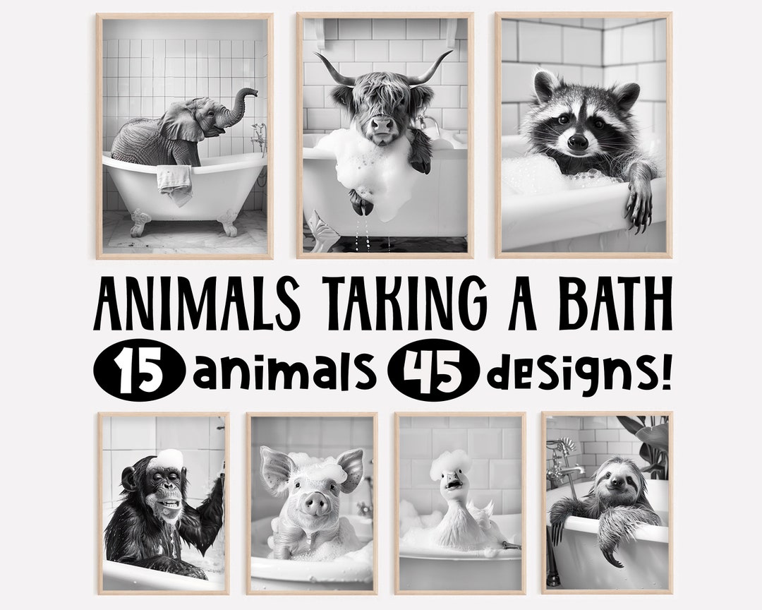 Animals Taking a Bath, Bundle of 15, Funny Bathroom Wall Art, Animals ...