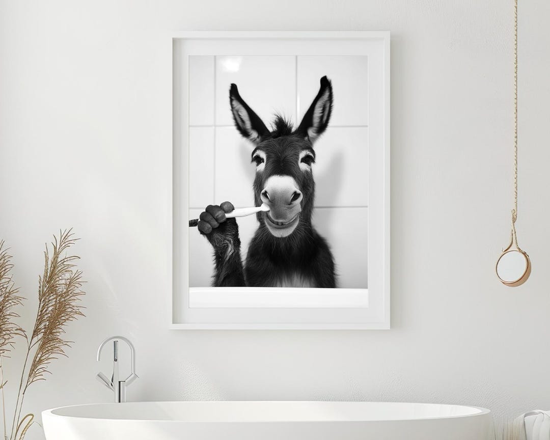 Donkey Brushing Teeth, Funny Bathroom Wall Art, Printable Bathroom Art ...