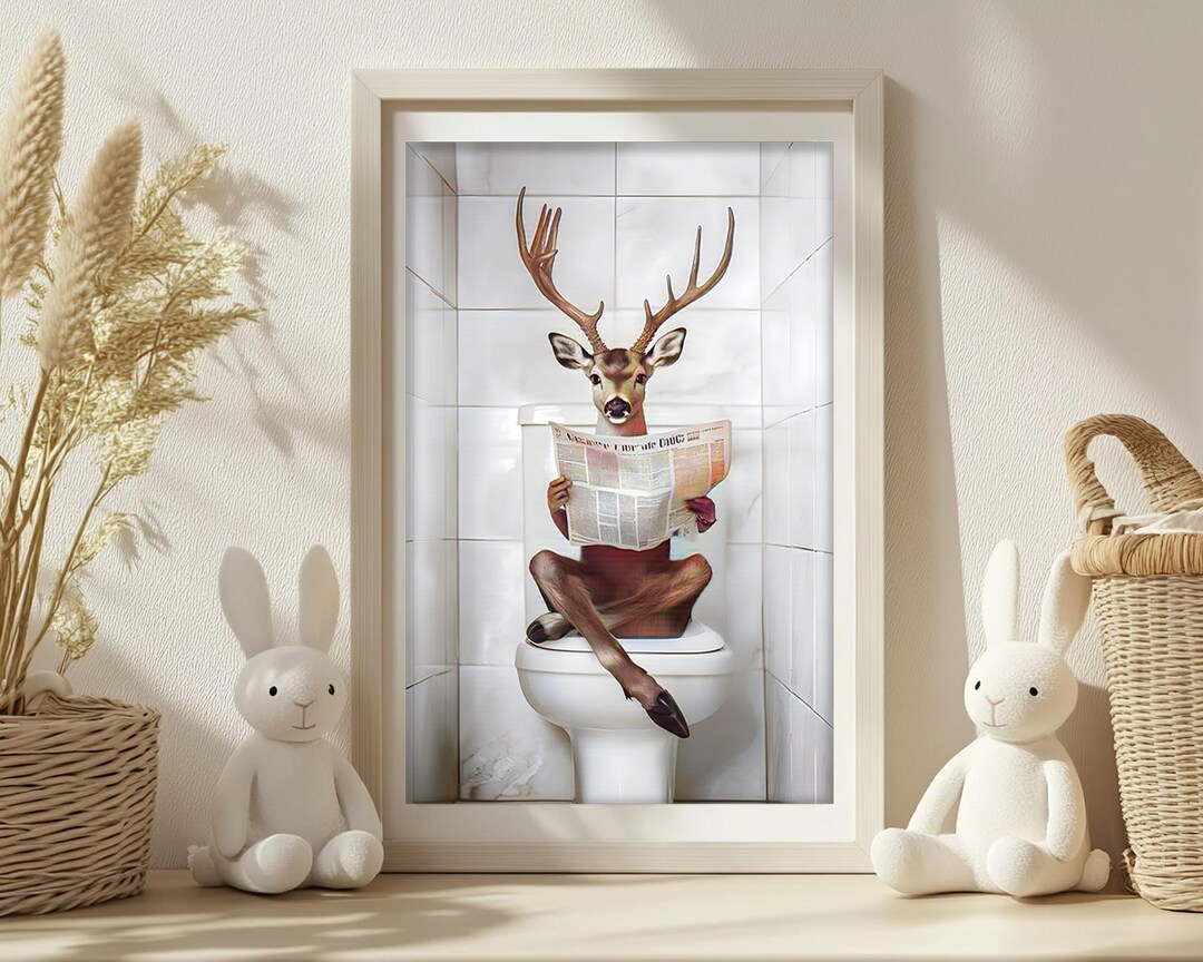 Funny Deer Bathroom Wall Art, Deer on Toilet Reading Newspaper, Laundry ...
