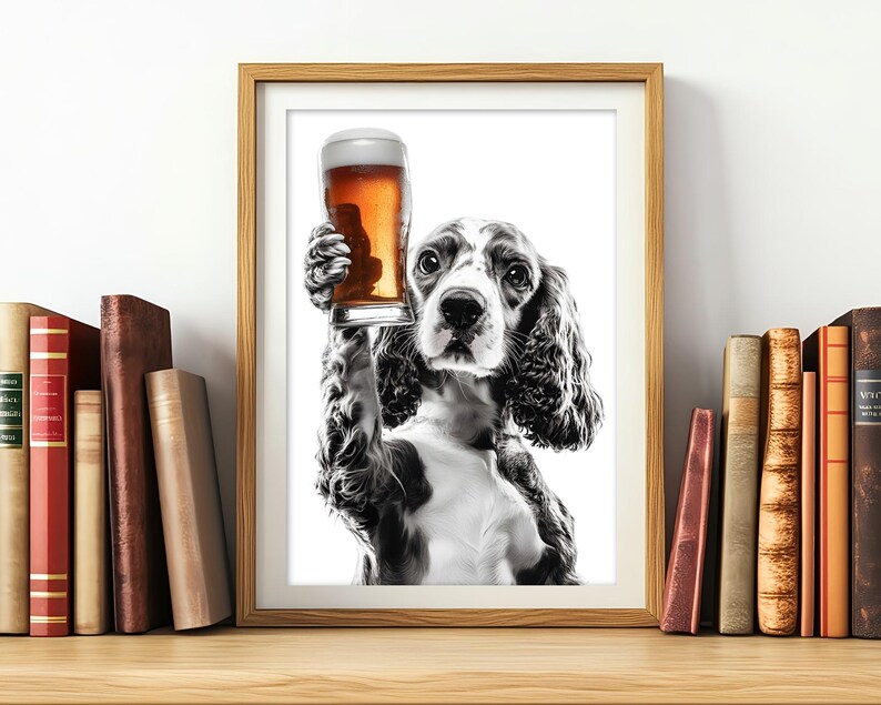 Cocker Spaniel Drinking Beer Art: Funny Dog Lover Print (digital ...