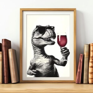 T-rex Drinking Red Wine, Funny Kitchen Wall Art, Home Bar Decor, Funny ...