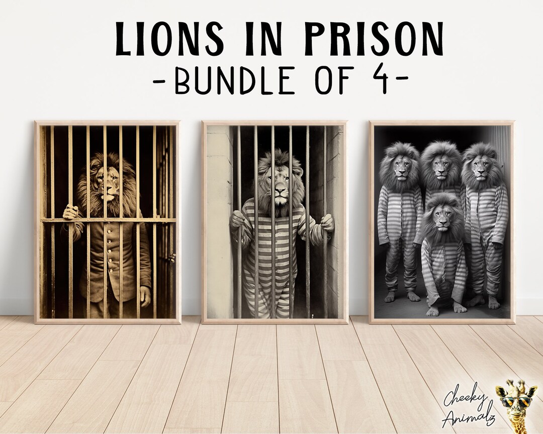 Lions in Jail, Bundle of 4, Funny Vintage Animal Print, Criminal Lion ...