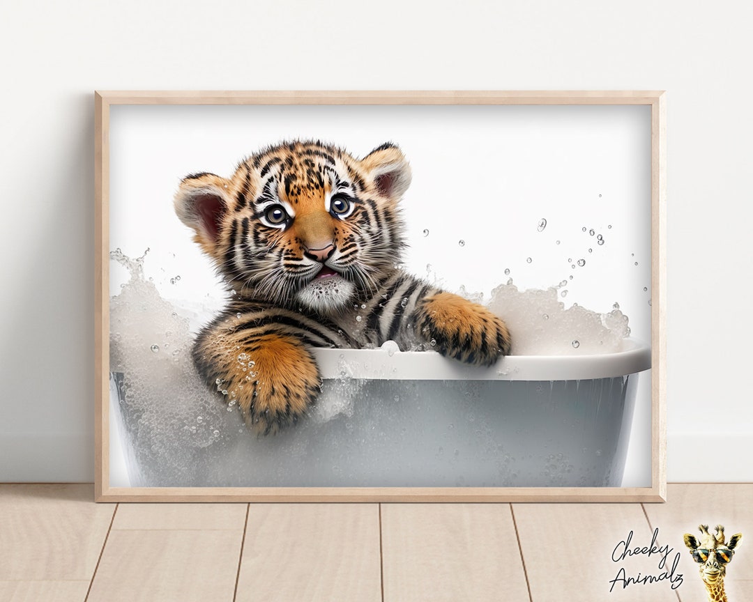 Cute Baby Tiger in the Bathtub, Funny Animal Wall Art, Bathroom Wall ...