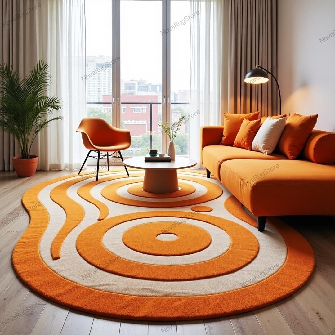 Retro Orange Geometric Area Rug Mid Century Modern Circular Swirl ...