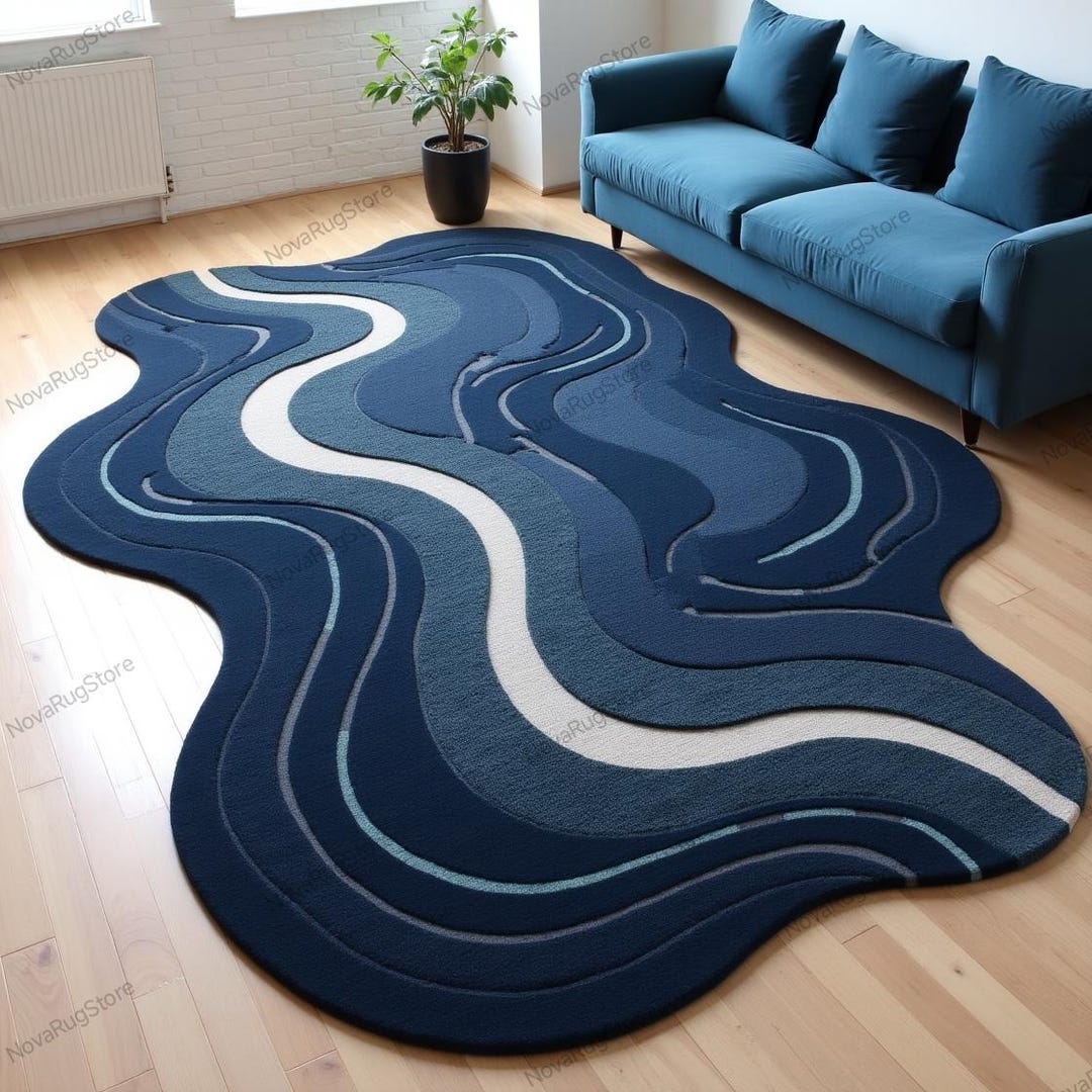 Modern Wave Pattern Tufted Rug Ocean Inspired Handmade Carpet, Blue ...