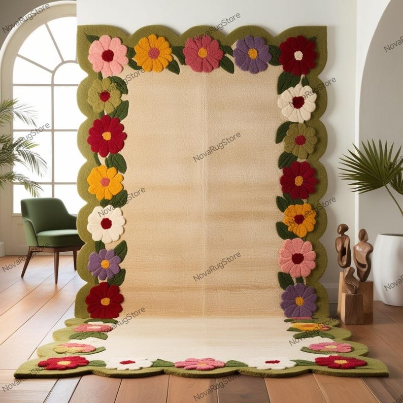 Scalloped Floral Border Rug handmade Colorful Wool Area Carpet for Her ...