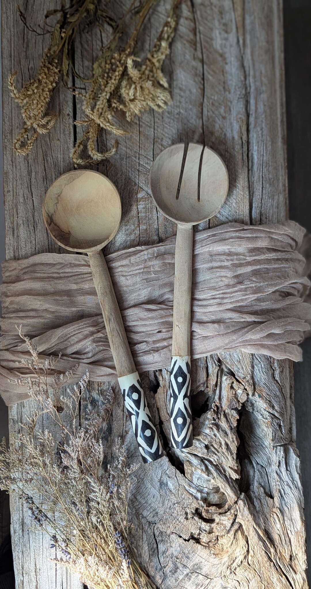 Set of 2 Olive Wood & Batik Bone Serving Spoons/ Set of Kenyan Hand ...