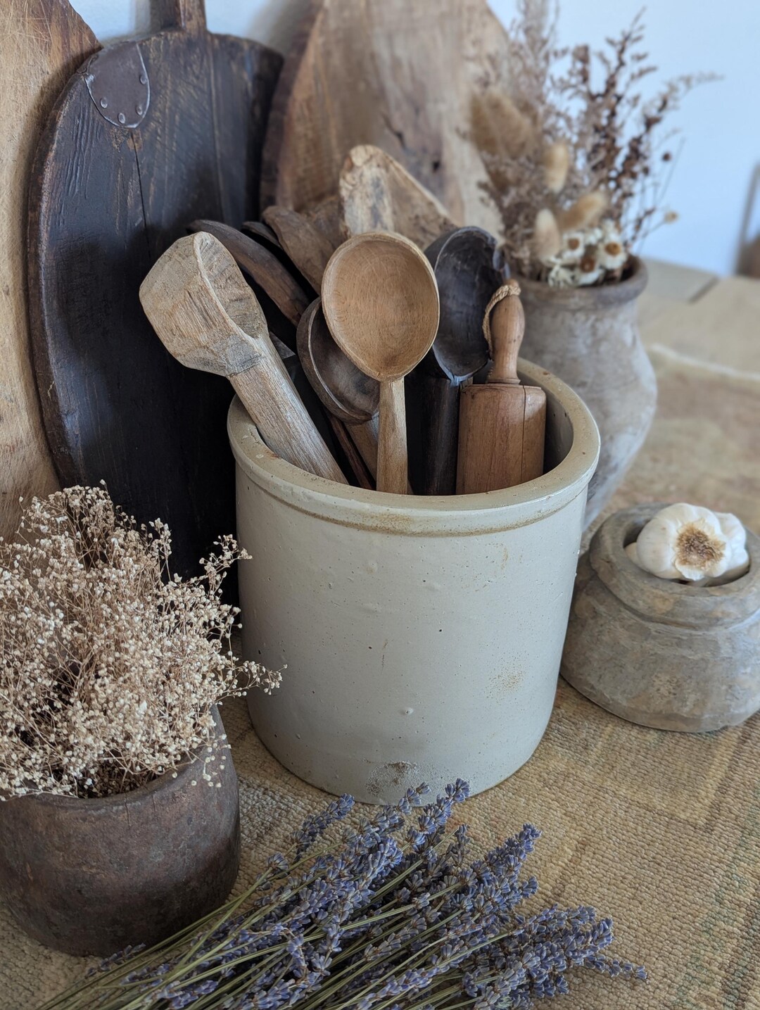Vintage Extra Large Stoneware Crock, Rustic Kitchen Utensil Holder ...