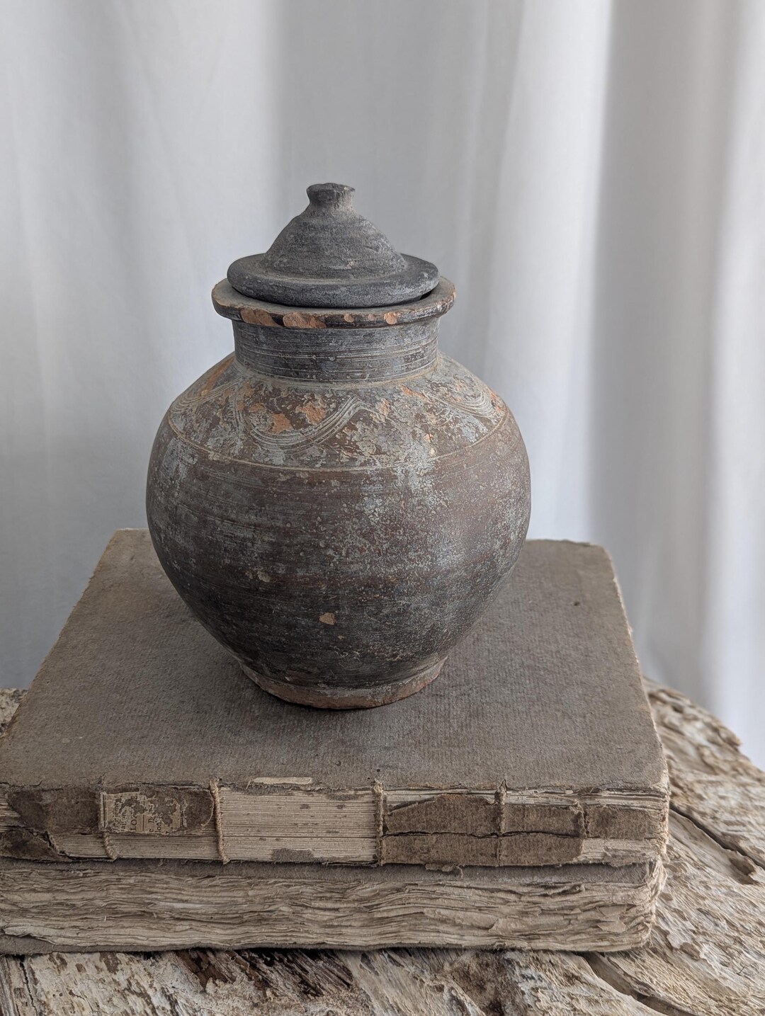 Small Vintage Lidded Clay Vessel - Etsy