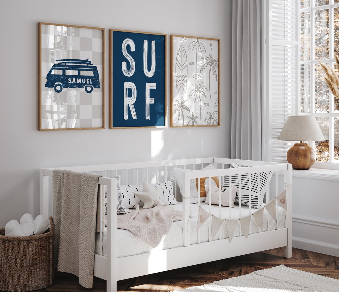 Blue and Beige Personalized Surf Nursery Decor, Surf Van Theme Decor ...