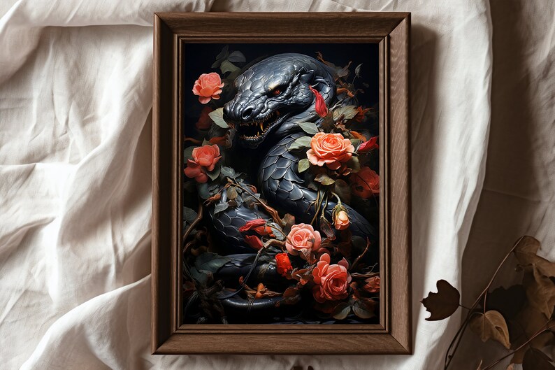Snake and Roses Art Print Gothic Style Art Halloween Forals Serpent Et ...