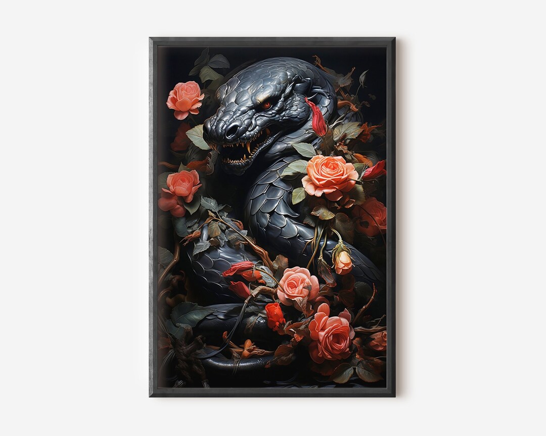 Snake and Roses Art Print Gothic Style Art Halloween Forals Serpent Et ...