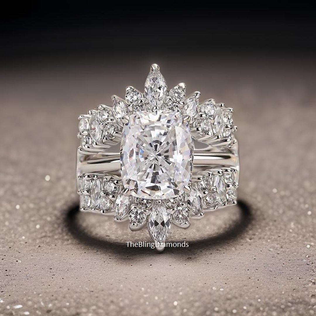 Attractive Elongated Cushion Cut Moissanite Diamond Insert Ring Set ...