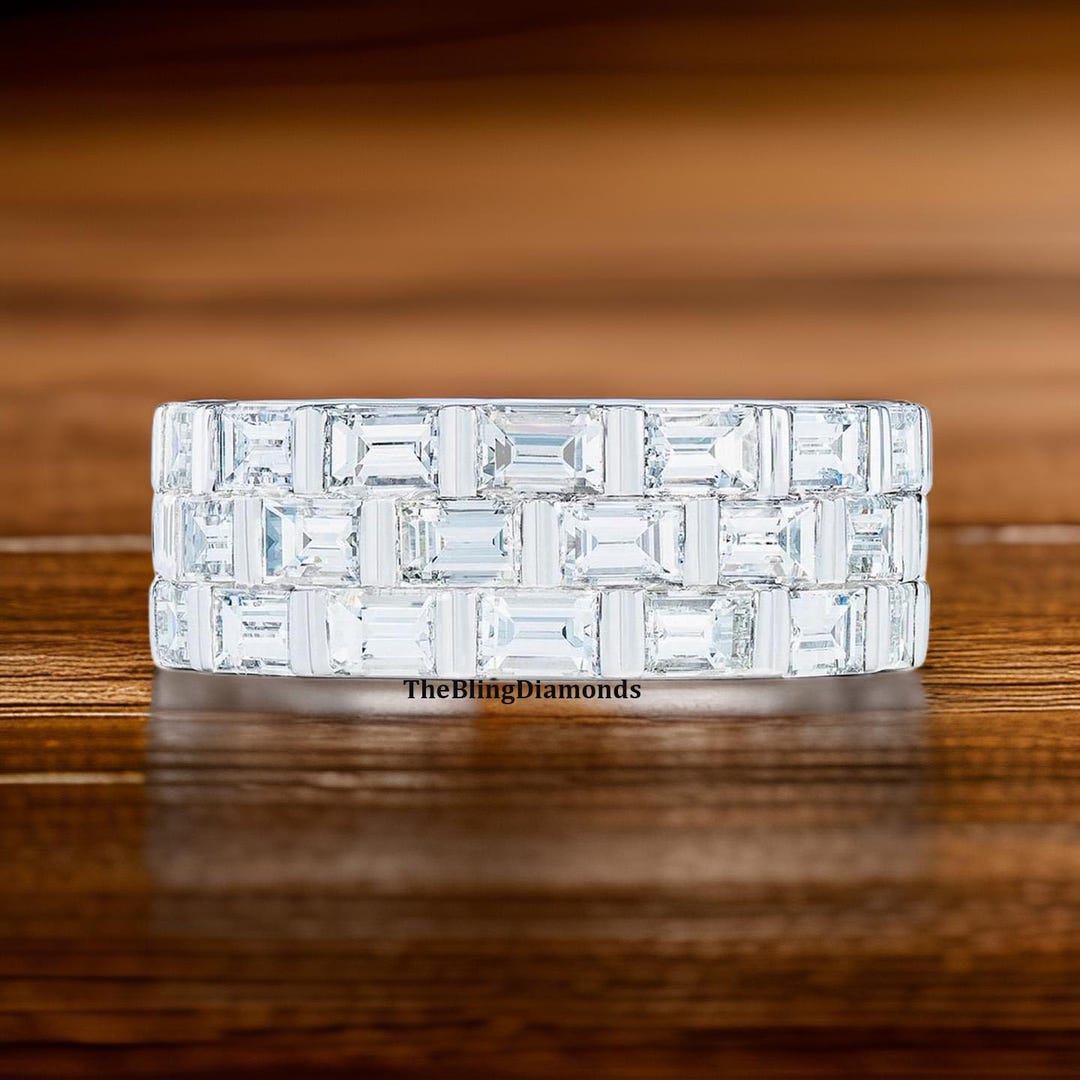Three Row Baguette Cut Diamond Wide Band, 3x2 MM Baguette Cut Colorless ...