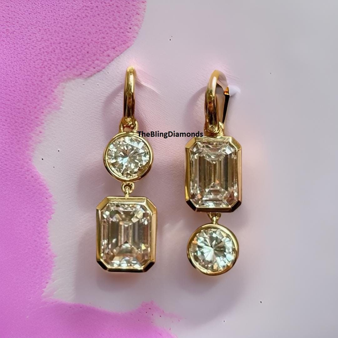 Alternative Round and Emerald Cut Moissanite Diamond Wedding Earrings ...