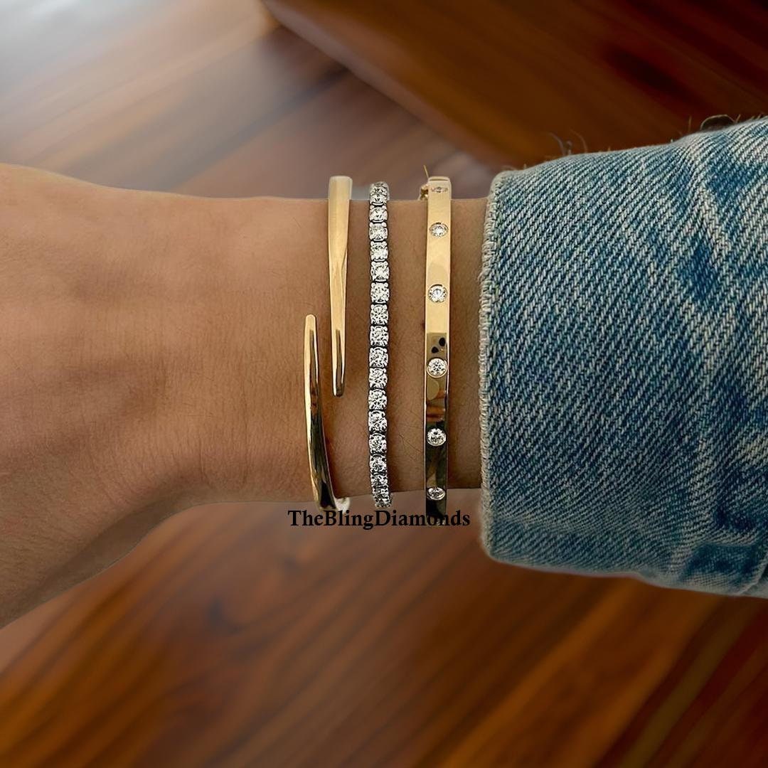 Open Wrap Bangle, Round Cut Moissanite Tennis Bracelet, Flush Set ...