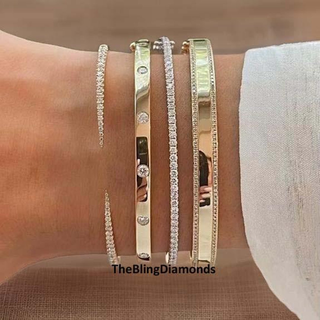 Round Brilliant Diamond Open Cuff Bangle, Two Row Pave Set Diamond ...