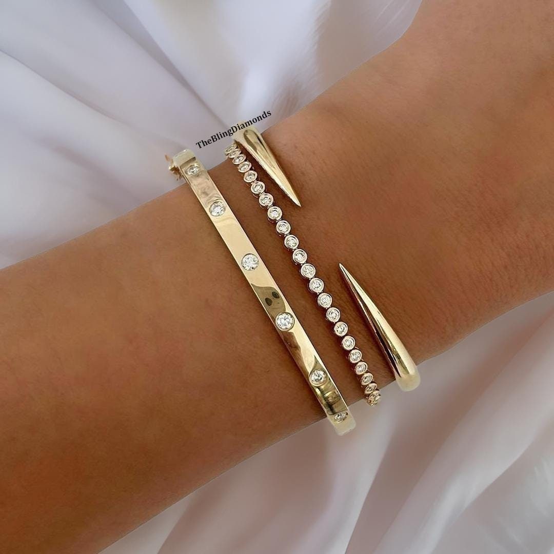 Flush Set Cluster Diamond Engagement Bangle, Bezel Setting Moissanite ...