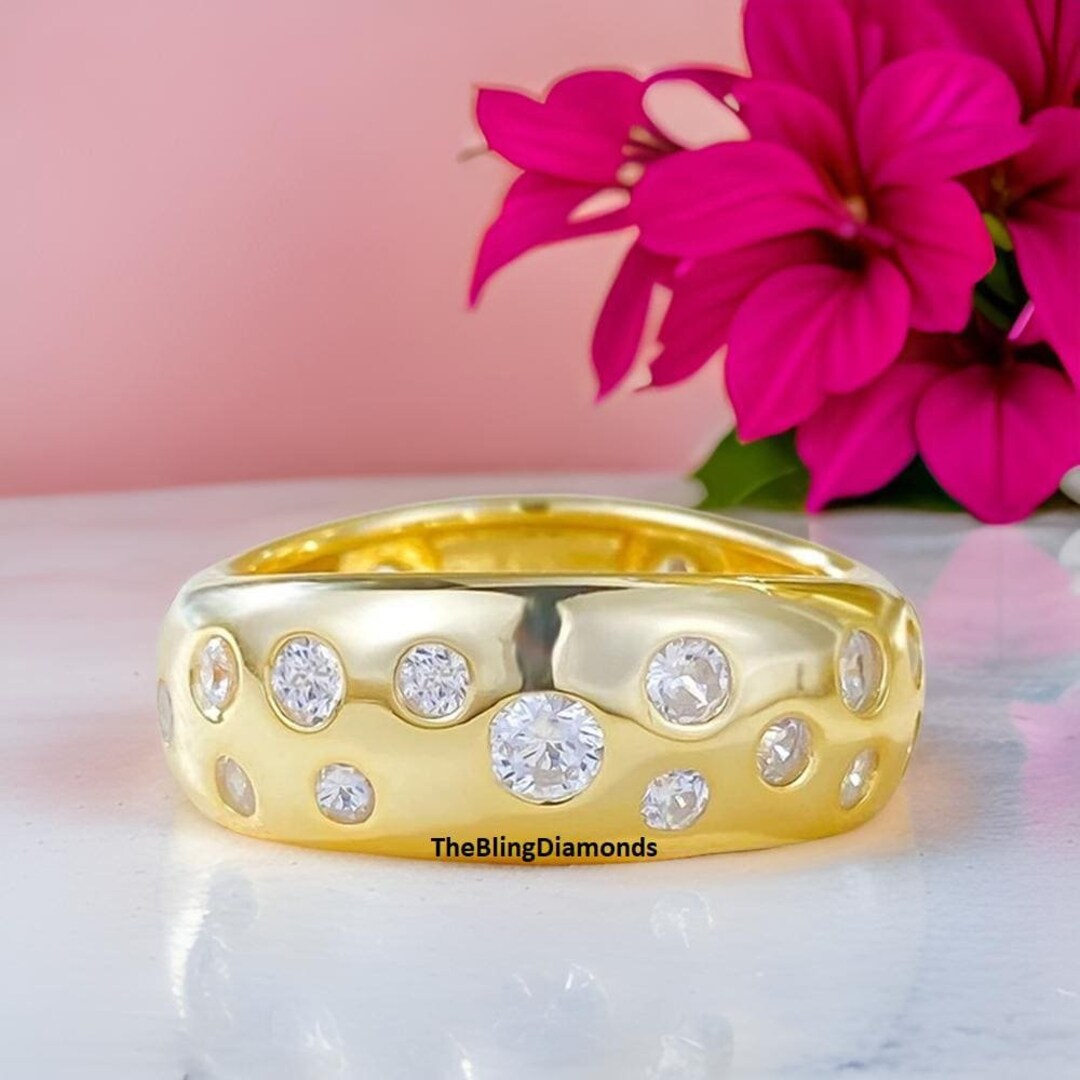 Flush Setting Cluster Diamond Wedding Band, Small Wave Ring, Round ...