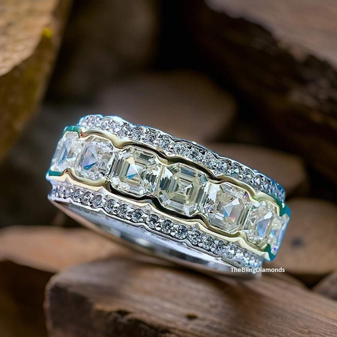 Half Bezel Set Asscher Cut Diamond & Round Pave Set Diamond Wedding ...