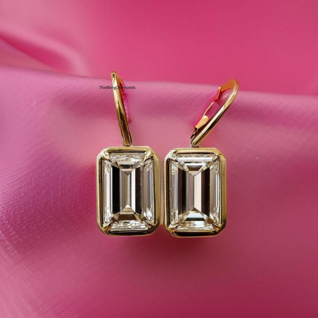 Bezel Setting Emerald Cut Diamond Dangle Drop Earrings, 12x8 MM Each ...