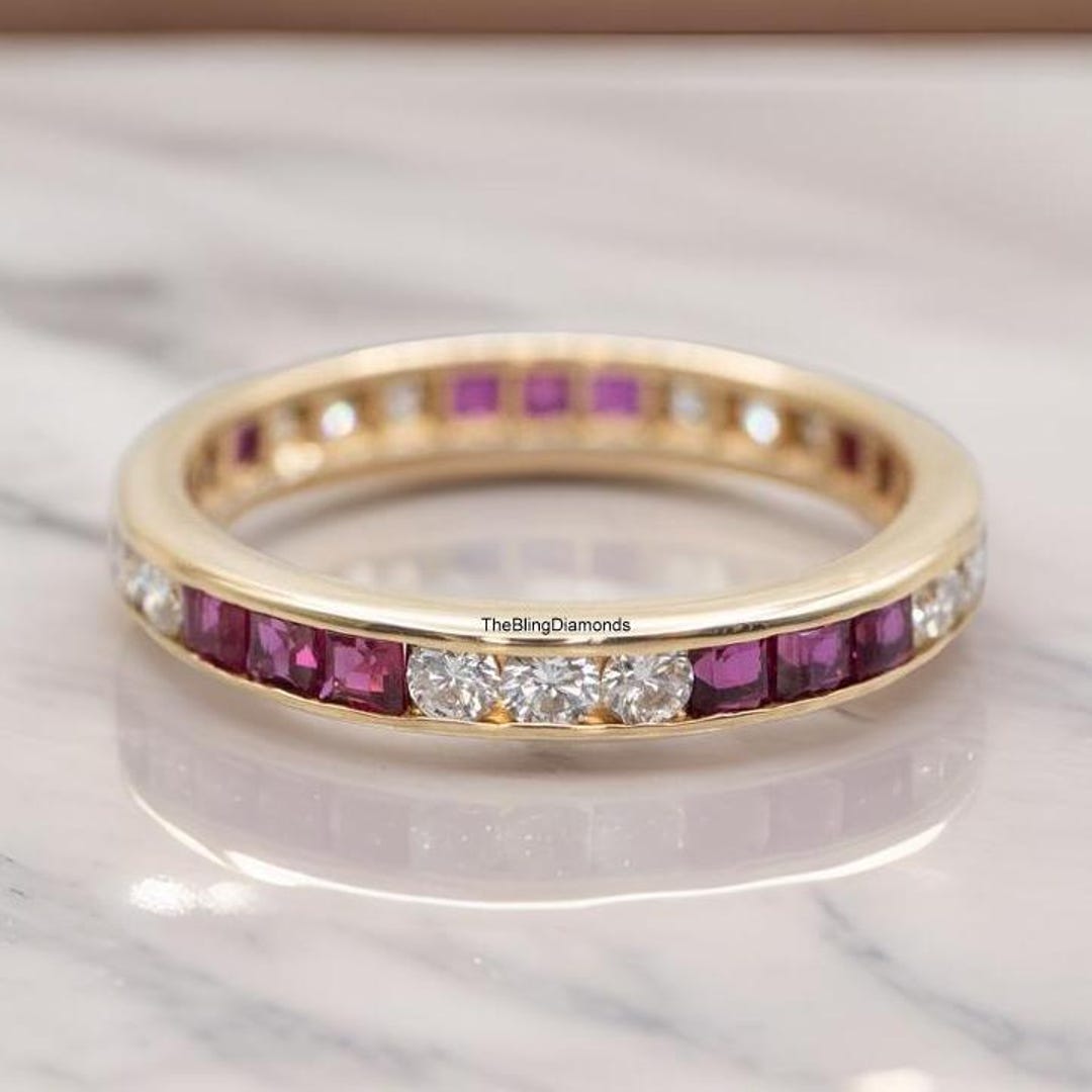 3MM Princess Cut Pink Ruby Gemstone and Round Cut White CZ Diamond ...