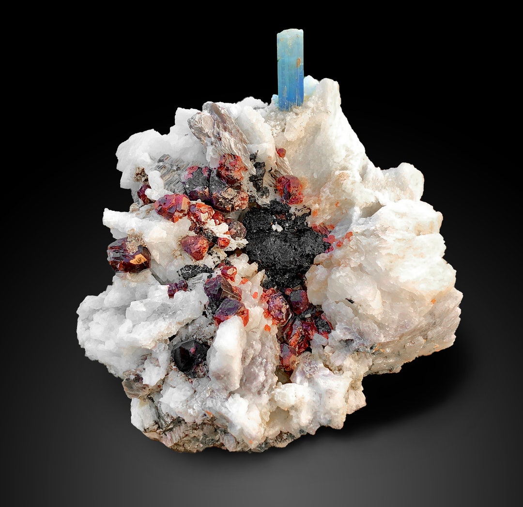 Garnet With Aquamarine Crystal + Muscovite Combine Specimen, Garnet ...