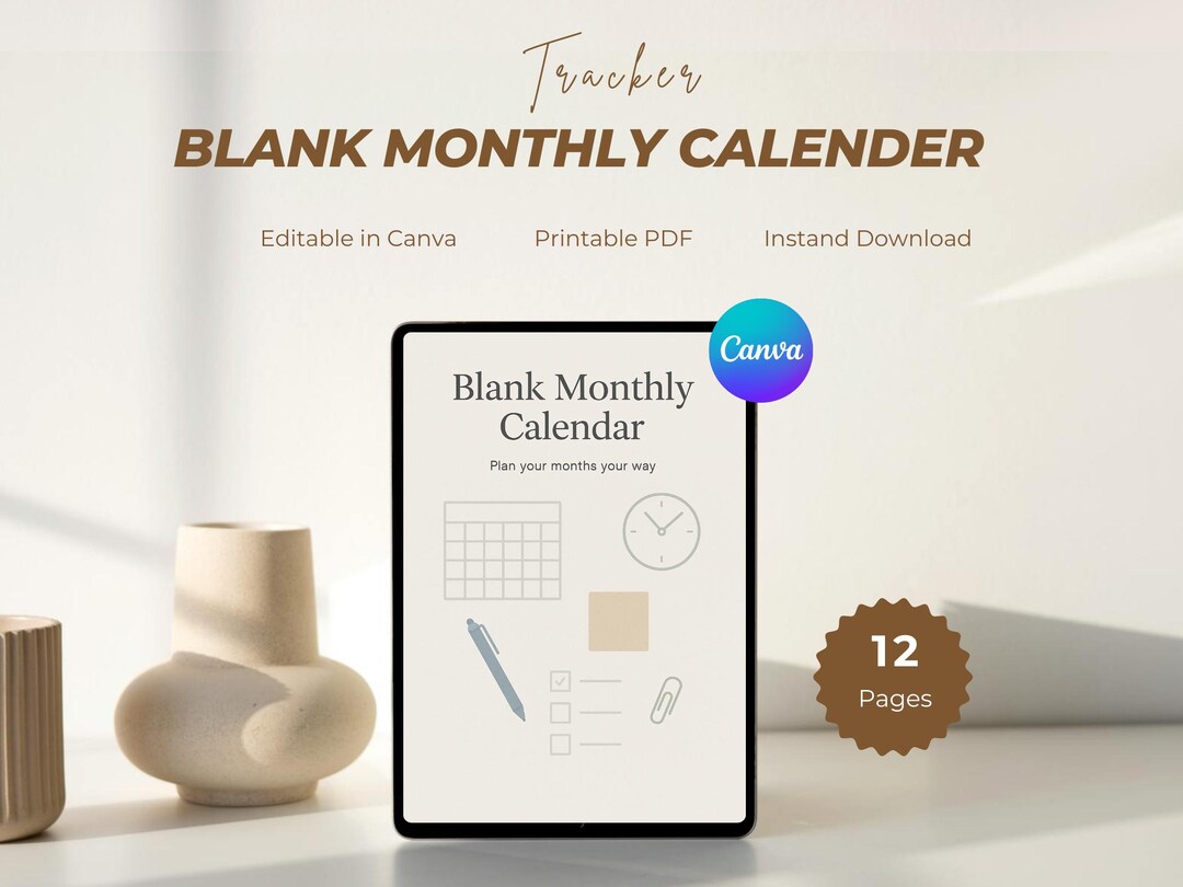 Monthly Blank Calendar, Simple Calendar, Minimalist Calendar Template ...