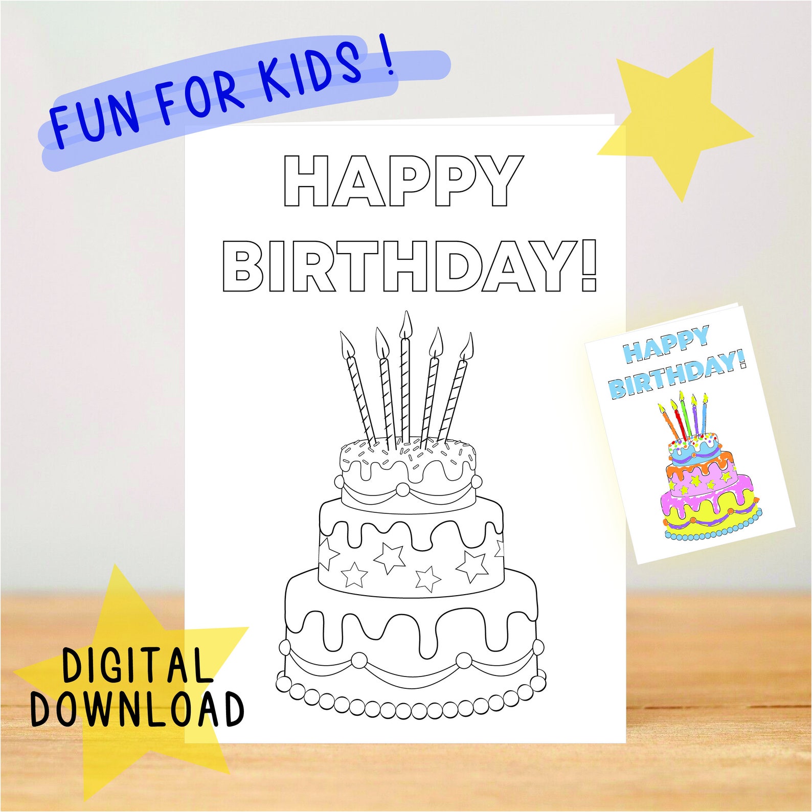 PRINTABLE Happy Birthday Coloring Card, Cake Birthday Card, Birthday ...