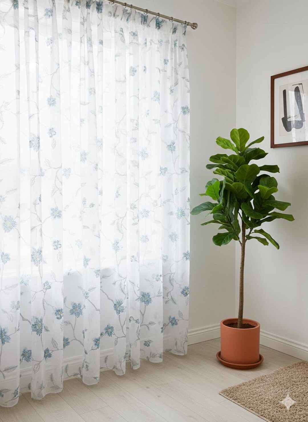 Blue Flower Embroidered Sheer Curtain, Rod Pocket, 50-inch Width - Etsy
