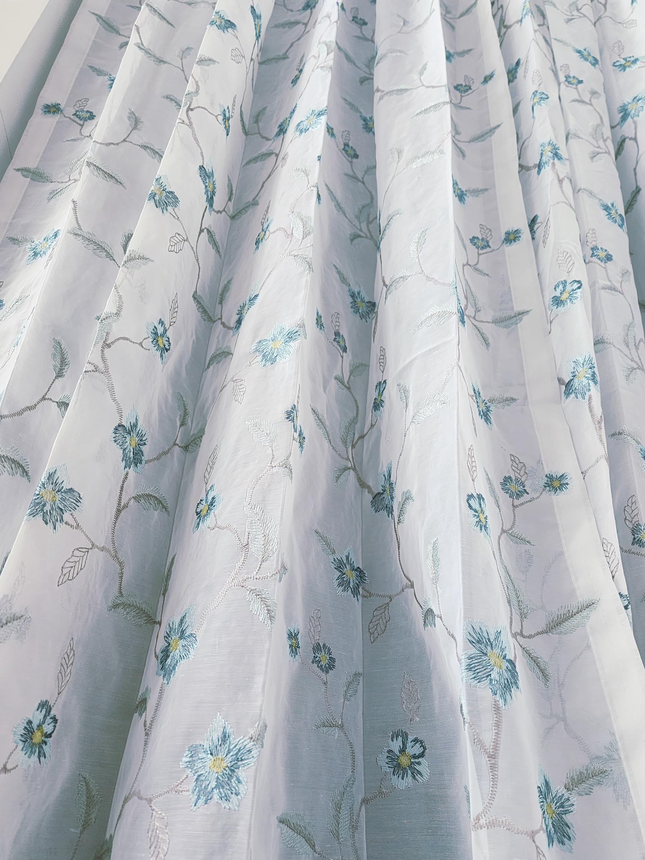 Blue Flower Embroidered Sheer Curtain, Rod Pocket, 50-inch Width - Etsy