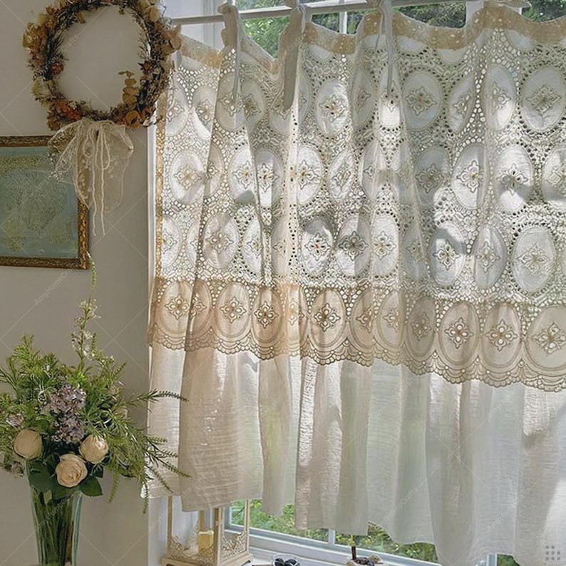 Lace Short Curtains, Shabby Chic Embroidered Café Curtains, Tie-top ...