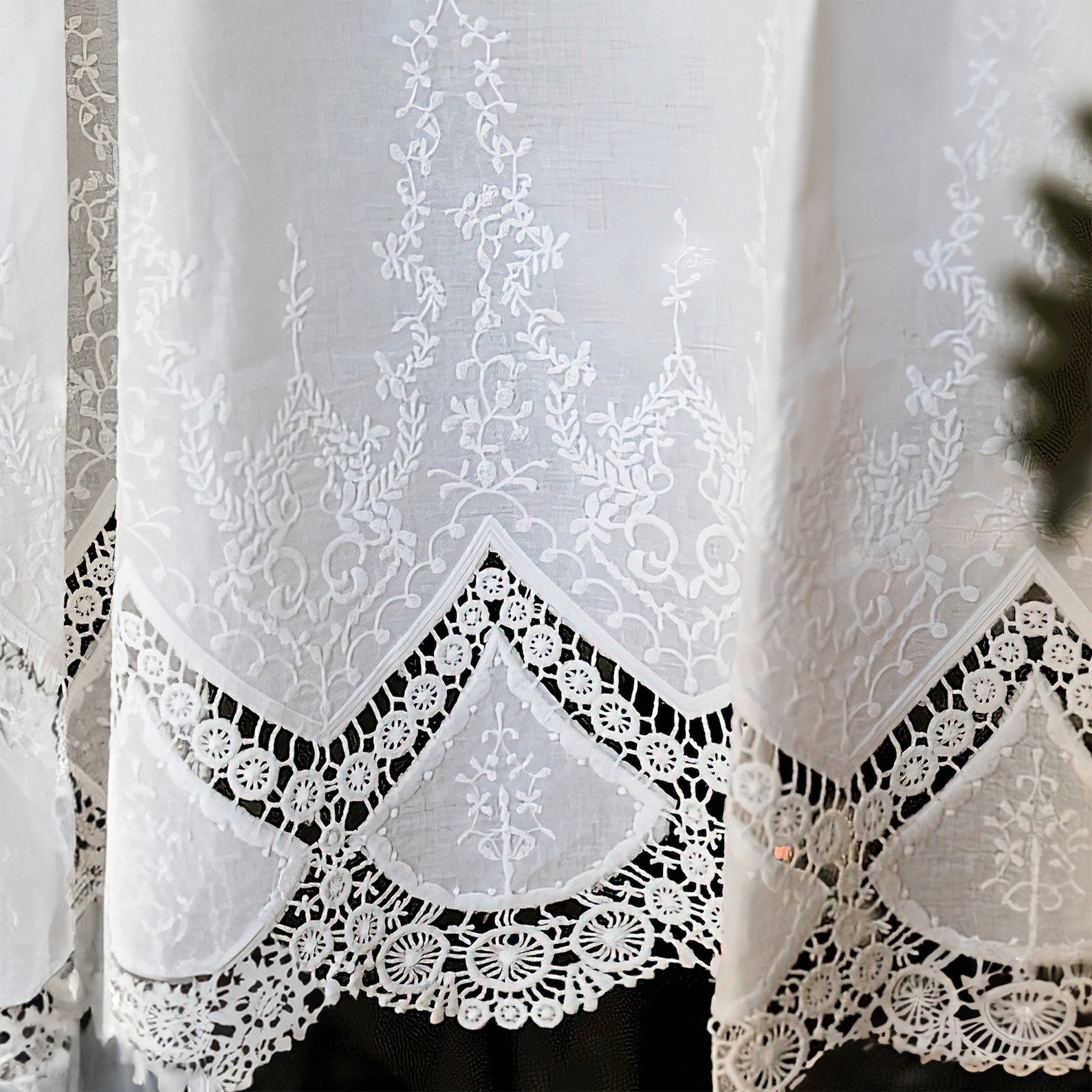 Vintage White Embroidered Curtain | Cotton Fabric | Light Filtering ...