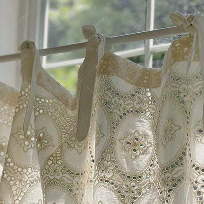 Lace Short Curtains, Shabby Chic Embroidered Café Curtains, Tie-top ...