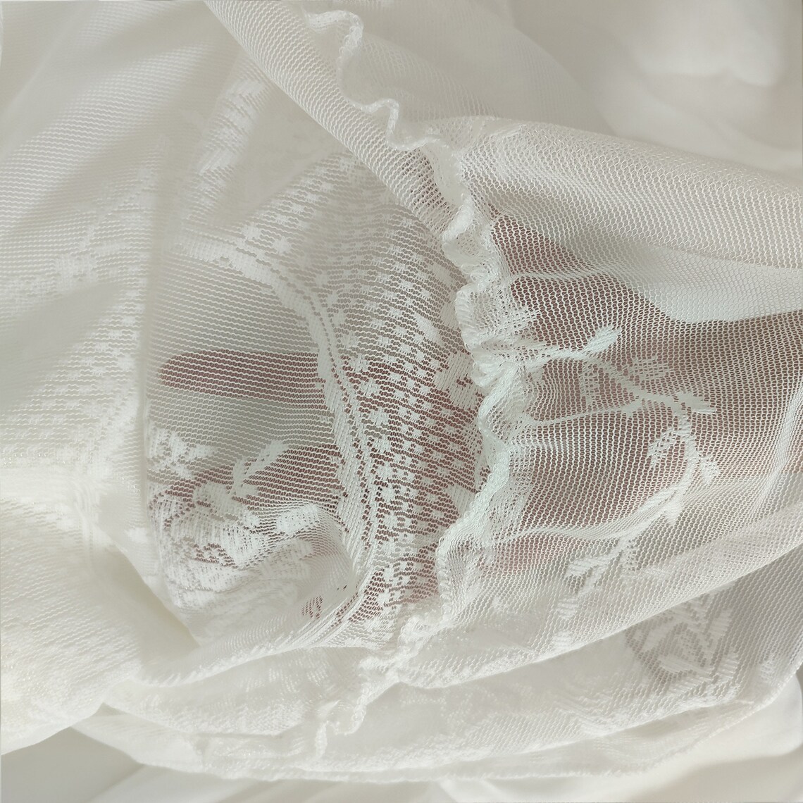 Rococo White Floral Embroidered Lace Curtain With Ruffles - Etsy