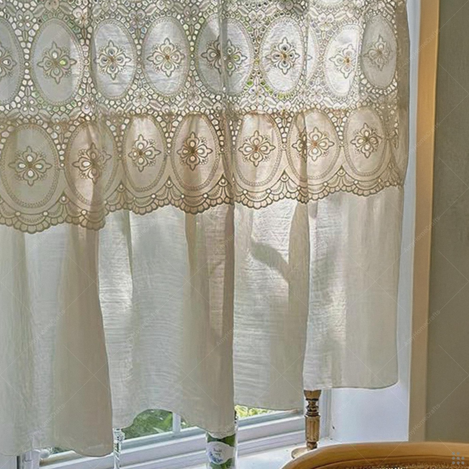 Beige Lace Short Curtains, Shabby Chic Embroidered Café Curtains, Tie ...