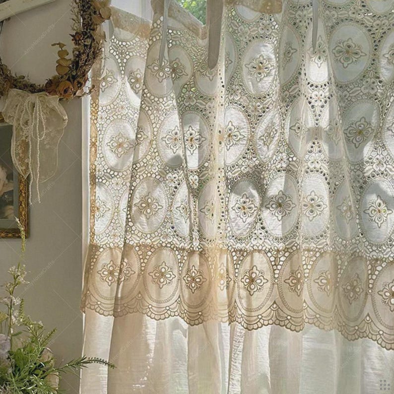 Lace Short Curtains, Shabby Chic Embroidered Café Curtains, Tie-top ...