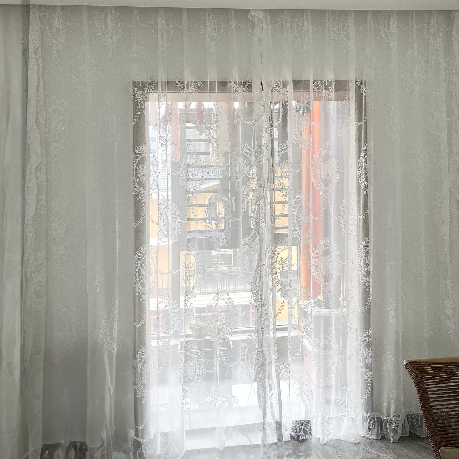 Rococo White Floral Embroidered Lace Curtain With Ruffles - Etsy