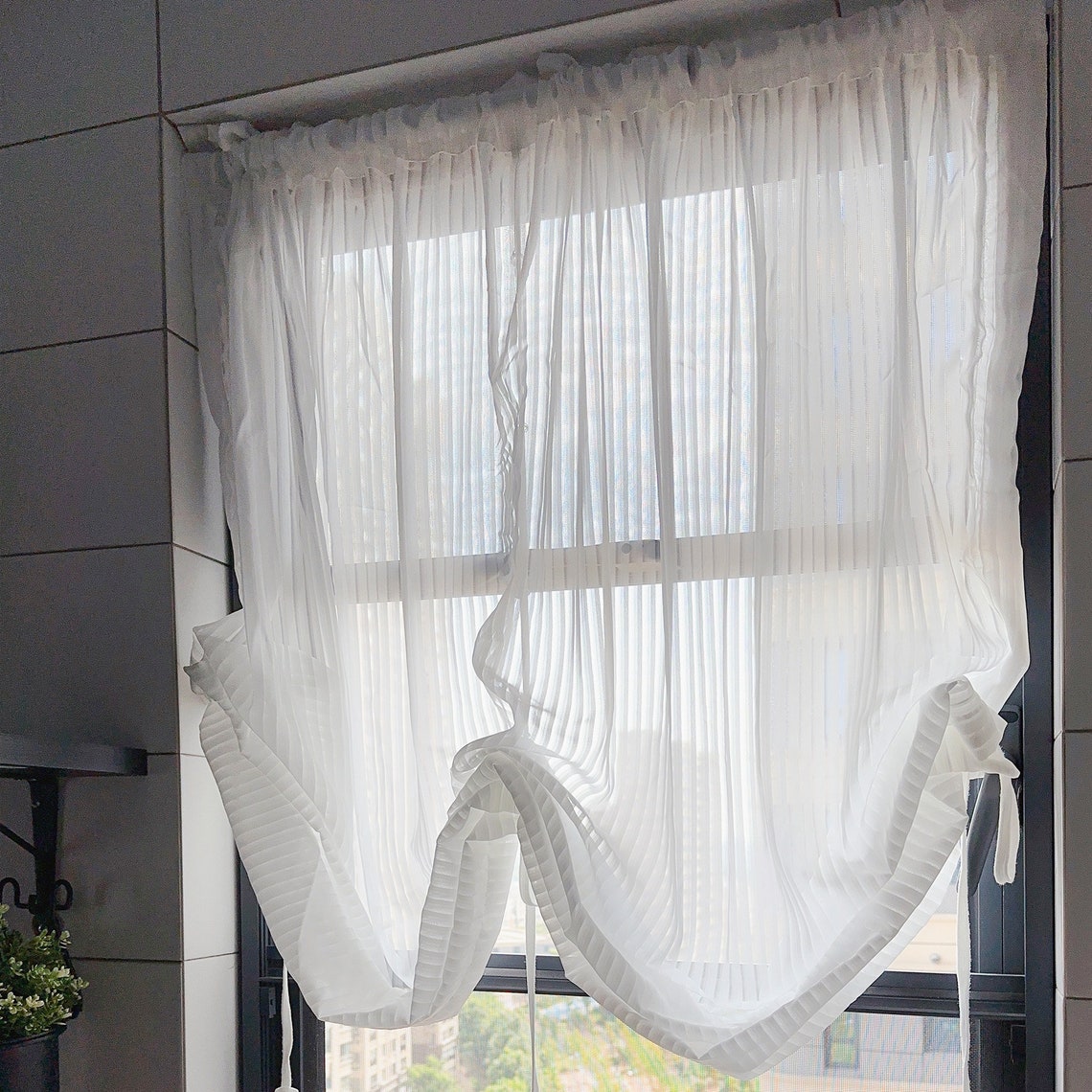Rustic Vertical Stripe Sheer Balloon Curtain: Morden Tie up Shade - Etsy