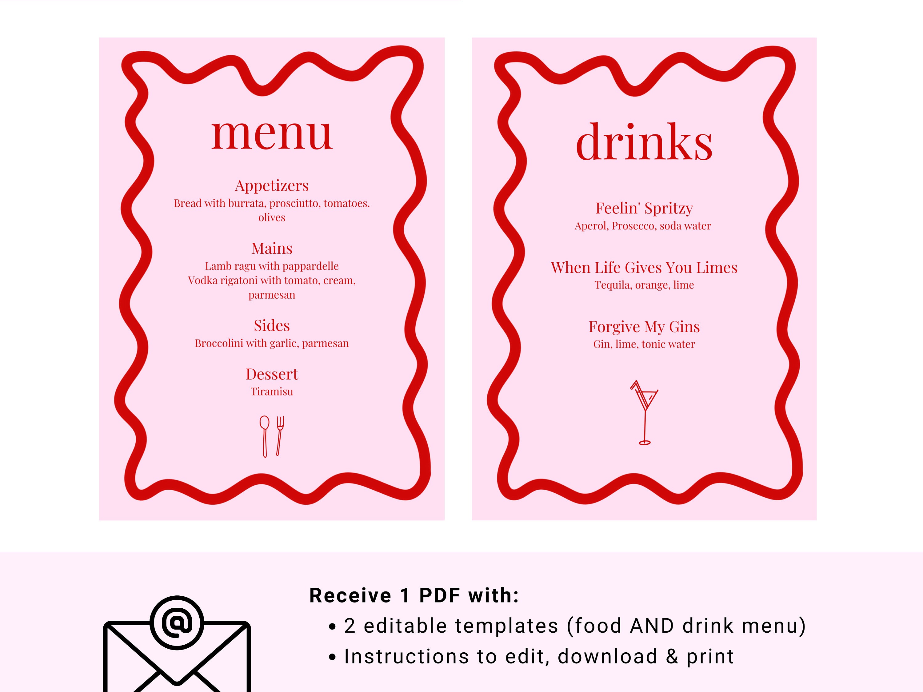 Menu Pink Red Wavy Editable Template Instant Download - Etsy
