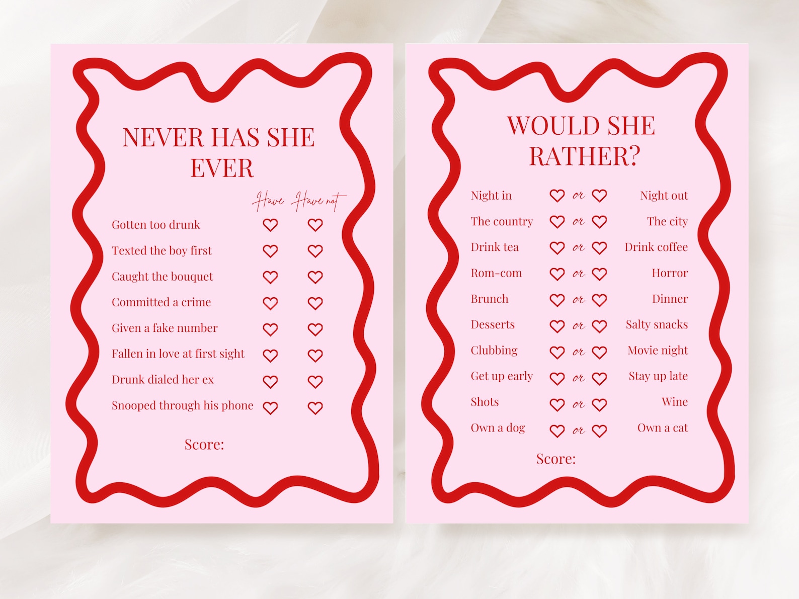 Bachelorette Hens Party Game Set Pink Red Wavy Editable Template ...