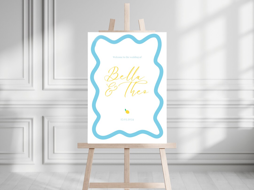 Welcome Sign Blue Yellow Wavy Border Editable Template Instant Download ...