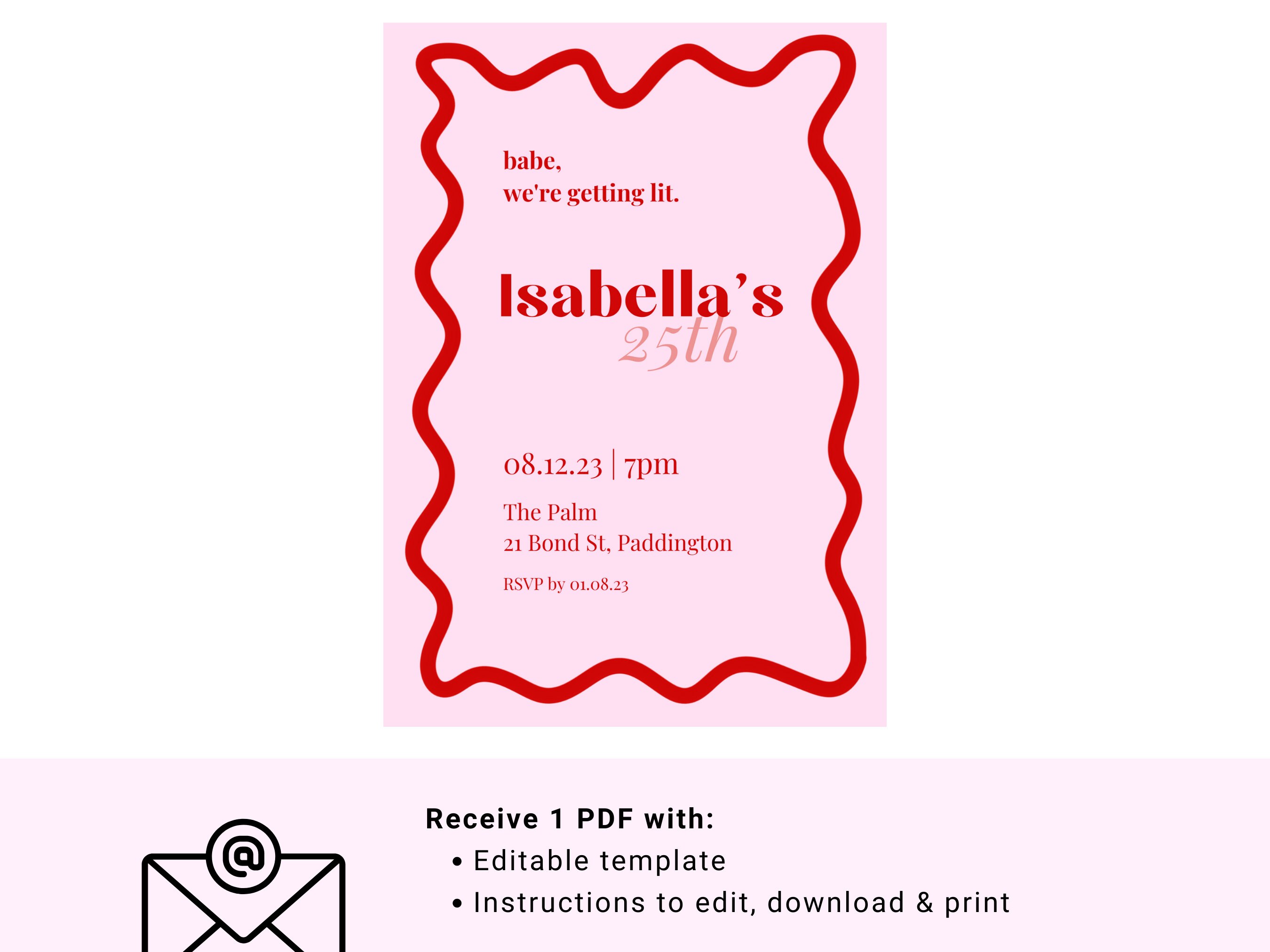 Invitation Pink Red Wavy Editable Template Instant Download Hand Drawn ...
