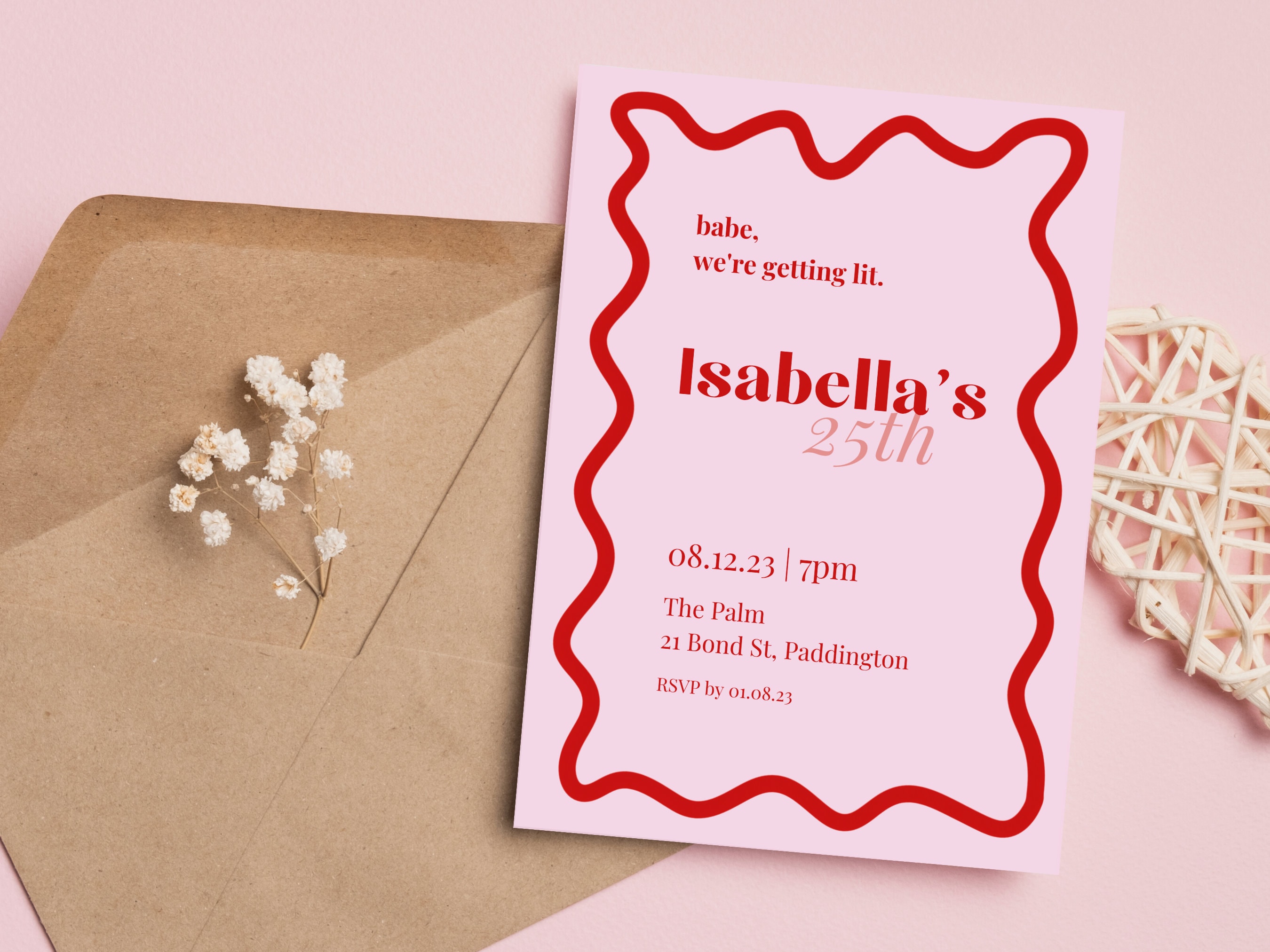 Invitation Pink Red Wavy Editable Template Instant Download - Etsy