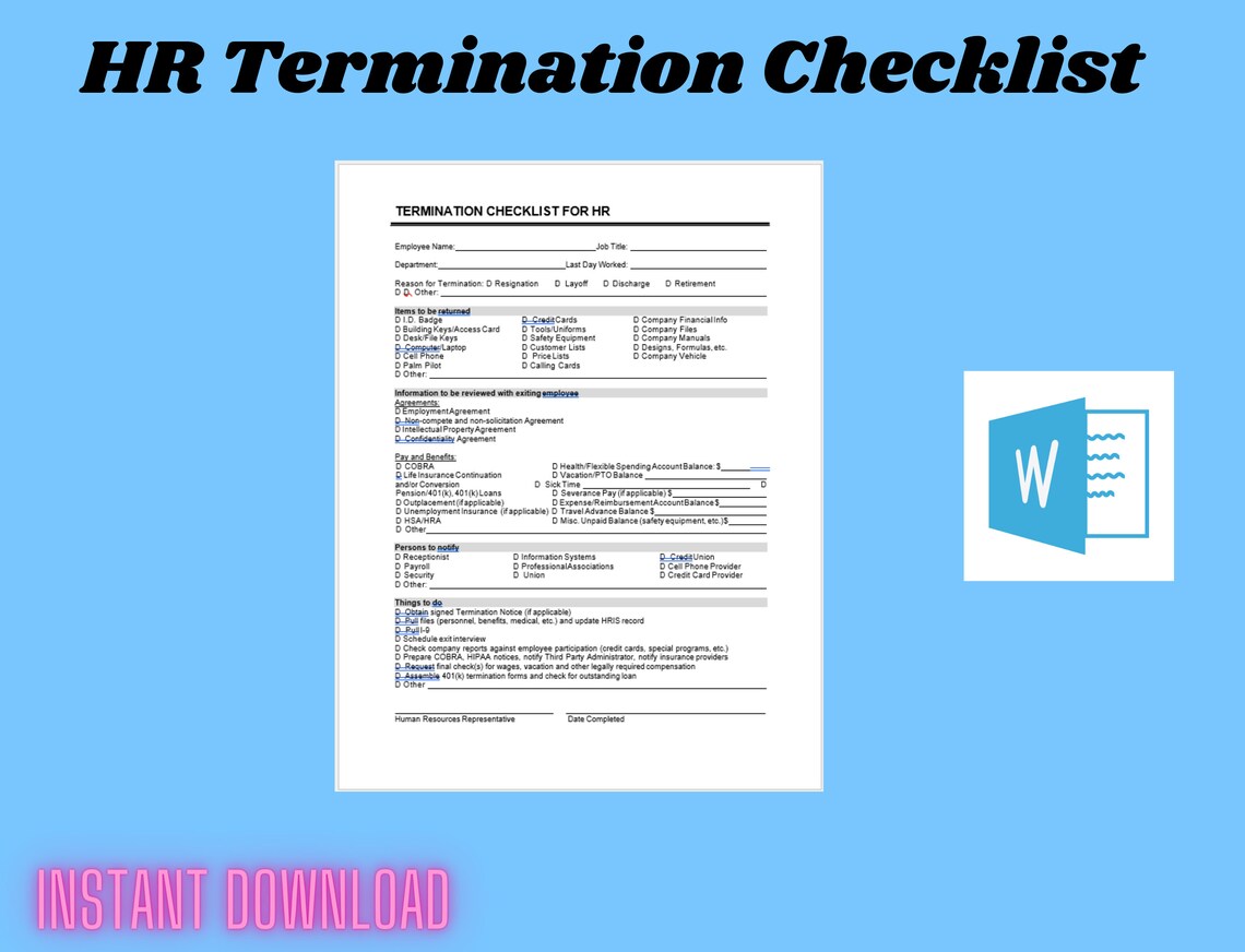 Termination Checklist, HR Termination, HR Checklist, Termination Form ...