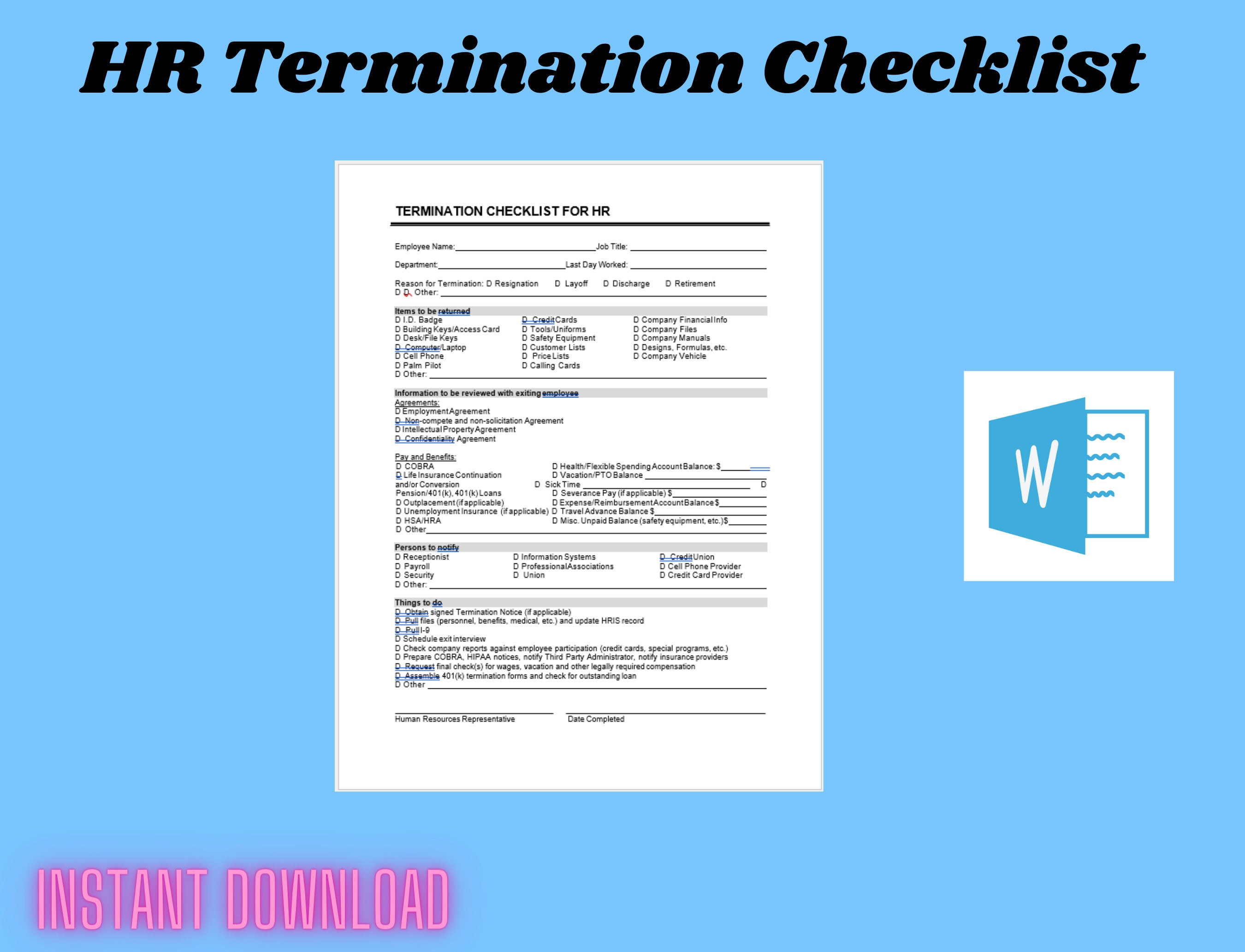 Termination Checklist, HR Termination, HR Checklist, Termination Form ...