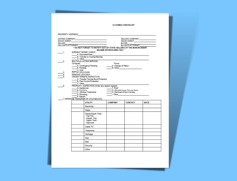 Closing Checklist, Real Estate Checklist, Propety Checklist, Land ...